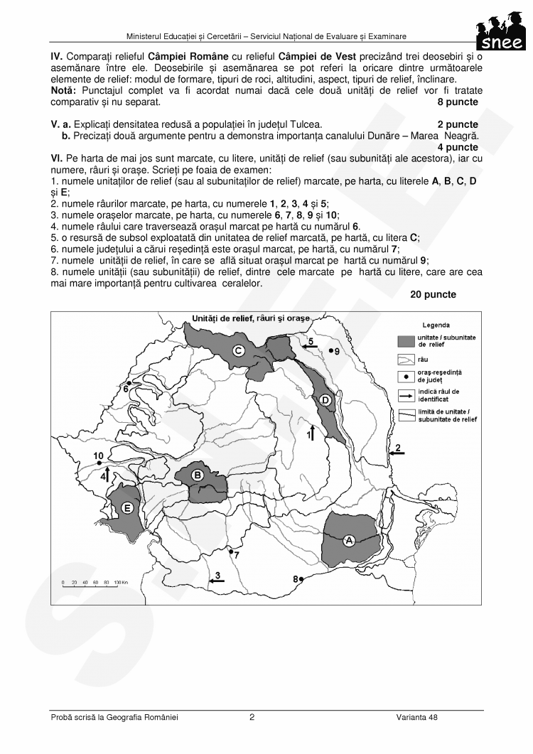 Subiecte examen Teste Nationale 2007 - Geografia Romaniei - varianta 48 bac